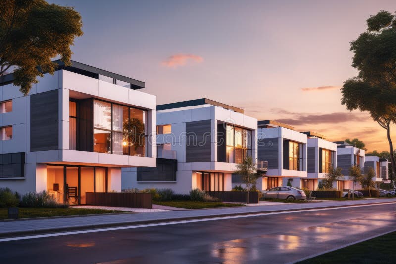 Modern Row Houses with Large Windows in a Residential Area Stock ...