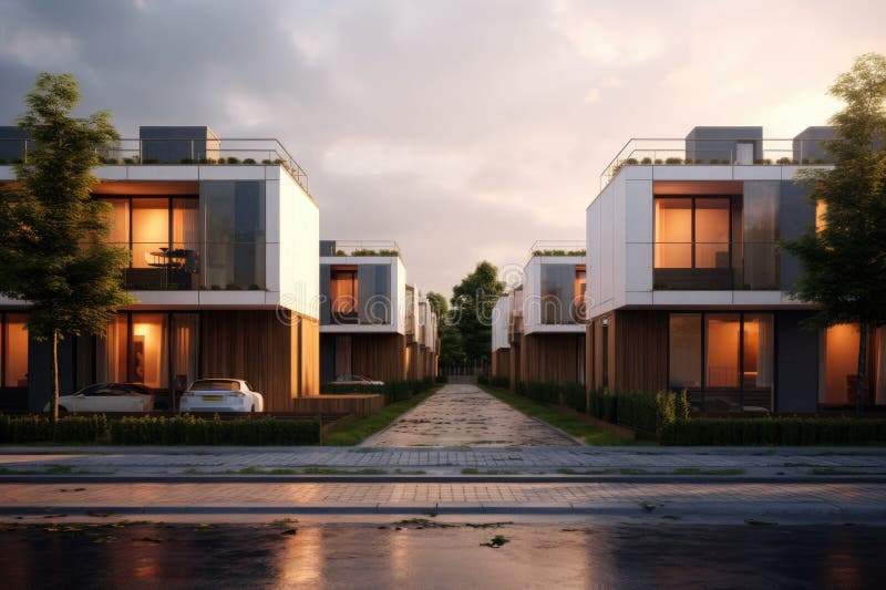 Modern Row Houses with Large Windows in a Residential Area Stock ...