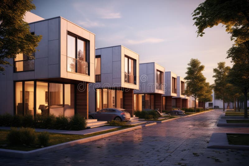 Modern Row Houses with Large Windows in a Residential Area Stock ...