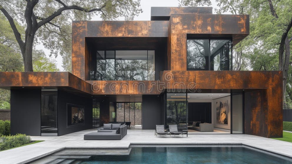 Rustic Modern Corten Steel Home Stock Photo - Image of interior ...