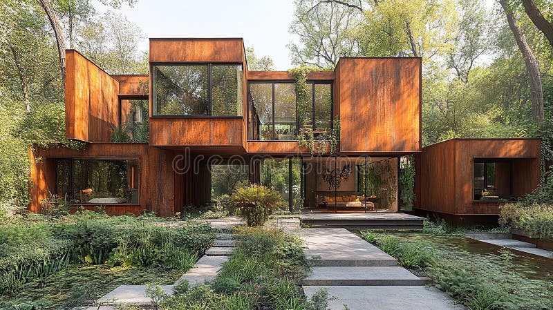 Modern Rust-colored House Nestled in a Lush Forest Setting. a ...