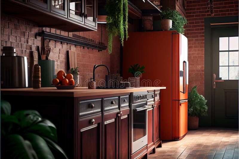 Modern Rust Coloured Kitchen Interior Design with the Hardwood Floors ...