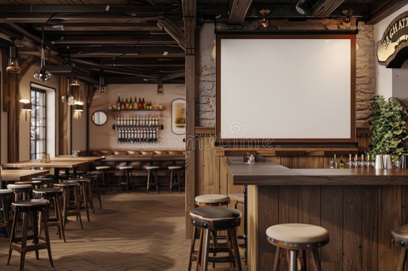 Modern Rustic Bar Interior with Blank White Projector Screen Stock ...