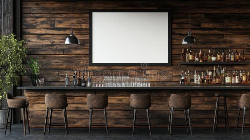 Modern Rustic Bar Interior with Dark Wood and Empty Stools Stock ...