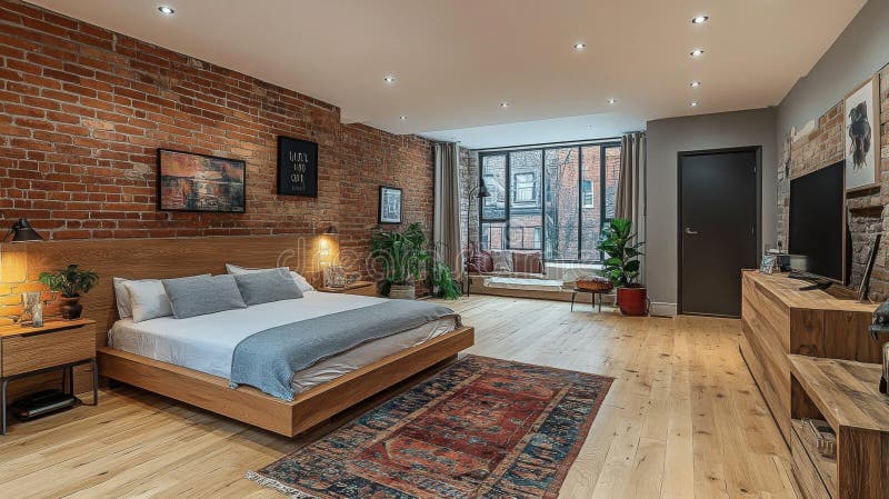 Modern Rustic Bedroom Interior Design with Brick Wall and Wooden Floor ...