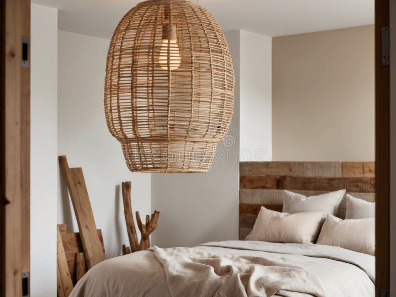 Modern Rustic Bedroom with Neutral Tones and Rattan Light Fixture ...
