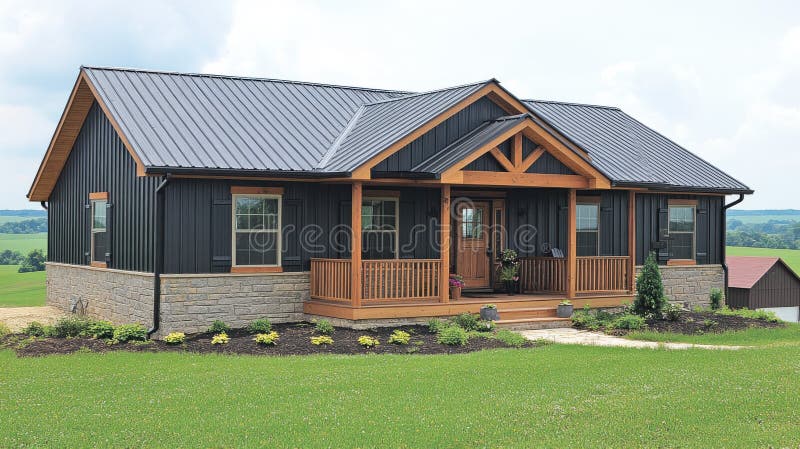 Modern Rustic Black Cabin with Stone Foundation and Wood Accents Stock ...