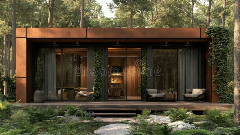 Modern Rustic Corten Steel Cabin in Forest Setting Stock Illustration ...