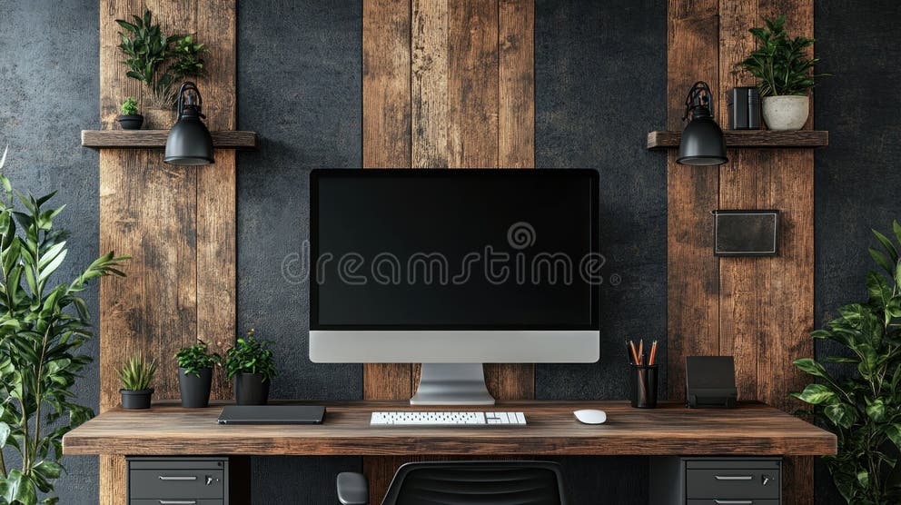 Modern Rustic Home Office Setup with Computer and Wooden Wall Decor ...