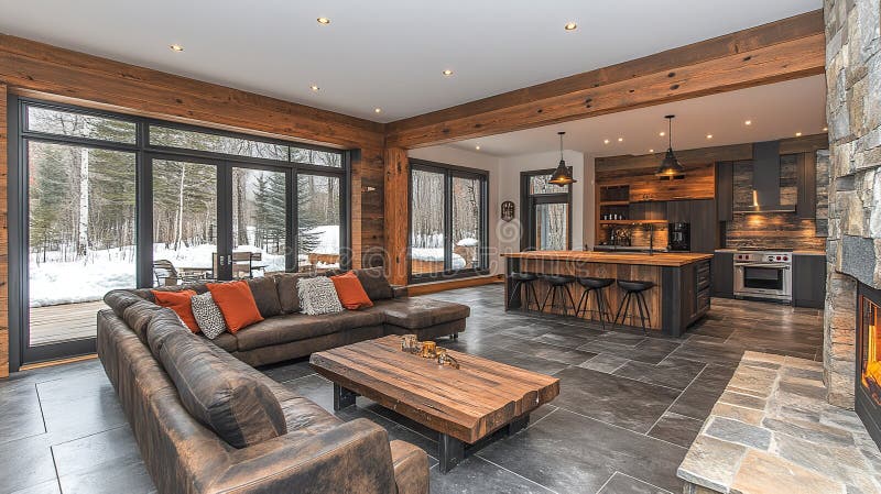 Modern Rustic Home, Open-concept Living Area with Kitchen, Featuring ...