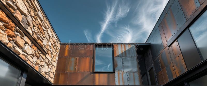 Modern Rustic House Exterior with Stone and Metal Facade Stock Photo ...