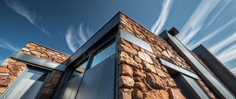 Modern Rustic House Exterior with Stone and Metal Facade. Stock Photo ...