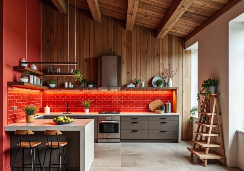 Modern Rustic Kitchen with Bold Red Accents and Wooden Elements Stock ...