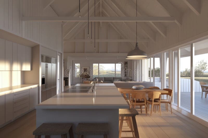 Modern Rustic Kitchen with High Ceilings and Island Stock Photo - Image ...