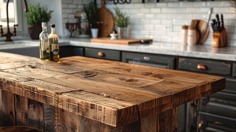 Modern Rustic Kitchen Interior with Wooden Countertop Stock Photo ...
