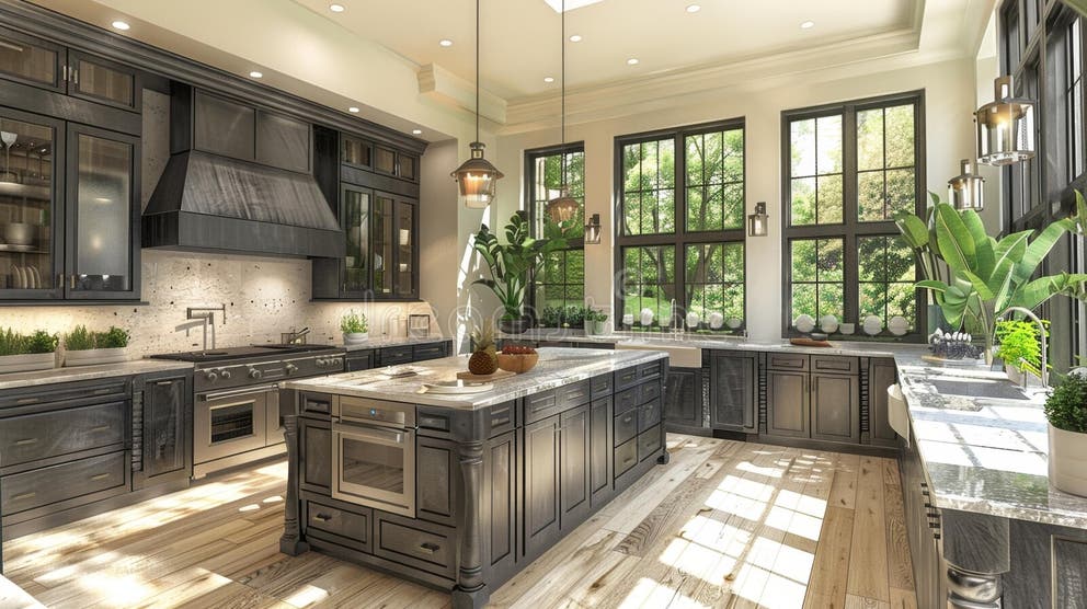 Modern Rustic Kitchen with Large Windows - Generative Ai Stock ...