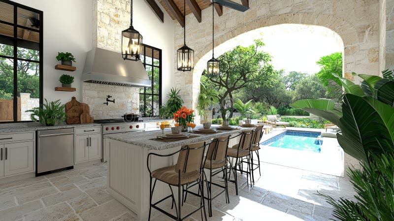 Modern Rustic Kitchen with Pool View and Lush Garden in Bright Sunlit ...
