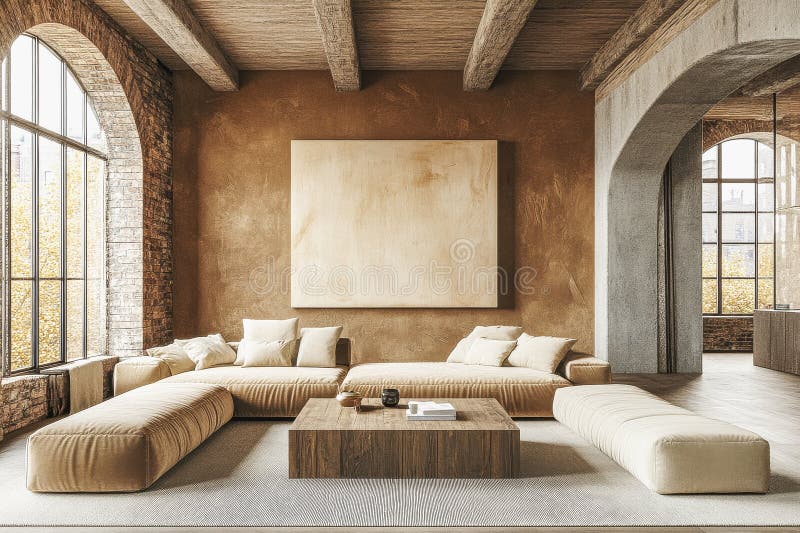 Modern Rustic Living Room Interior with Beige Sofa and Large Abstract ...