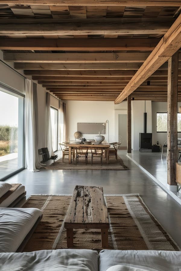 Modern Rustic Living Room with Wooden Beams and Large Windows Stock ...