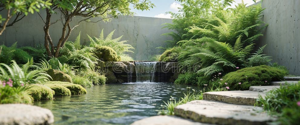 Modern Rustic Outdoor Oasis with Waterfall and Lush Greenery Stock ...