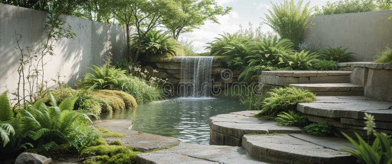 Modern Rustic Outdoor Oasis with Waterfall and Lush Greenery. Stock ...