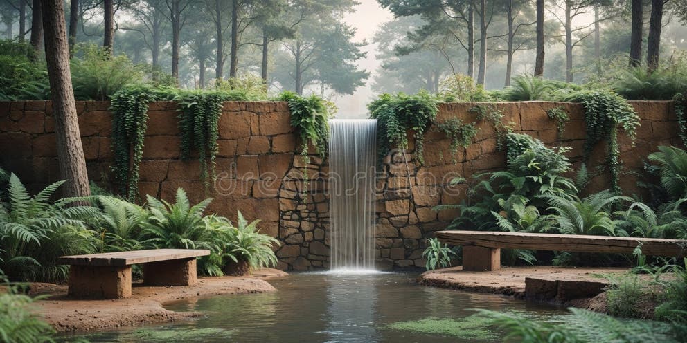 Modern Rustic Outdoor Oasis with Waterfall and Lush Greenery Stock ...