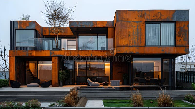 Modern Rustic Steel Home at Dusk. Concept Modern Home, Rustic Design ...