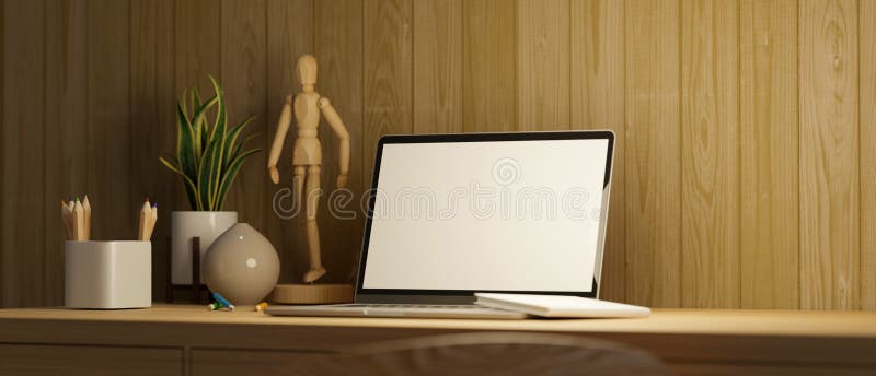 Modern Rustic Wood Wall Interior, Opened Laptop Blank Screen Mockup ...