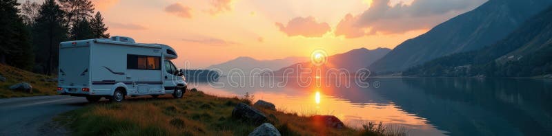 Modern RV Parked beside a Clear Lake, Sunrise, Beautiful, Trees ...
