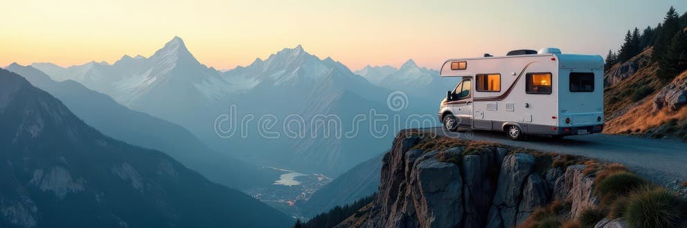 Modern RV Perched on Cliff, Dramatic Alpine Panorama, Landscape, Road ...