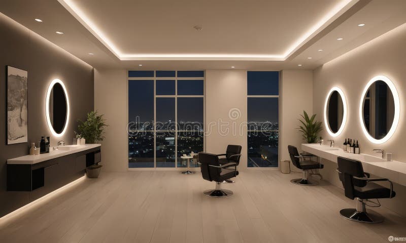 Modern Salon with Cityscape View Features Spacious Design, Featuring ...