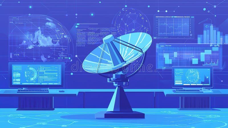 A Modern Satellite Dish in a High-tech Control Room Displaying Data and ...