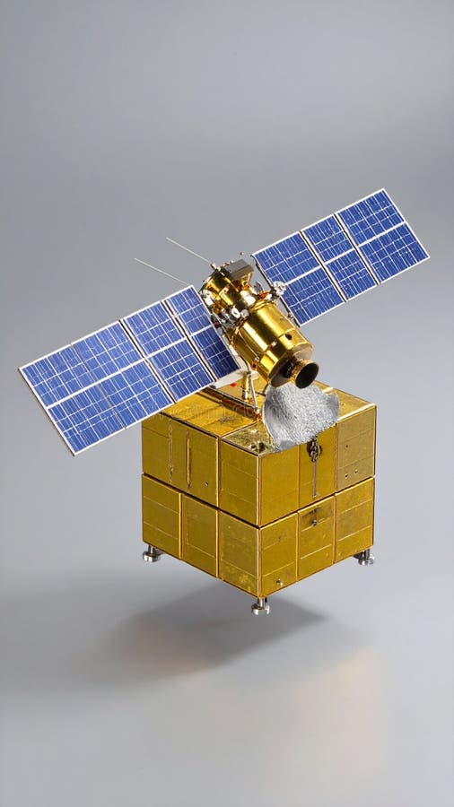 Modern Satellite Replica Featuring Gold Components and Blue Solar Panels for Space Technology ...