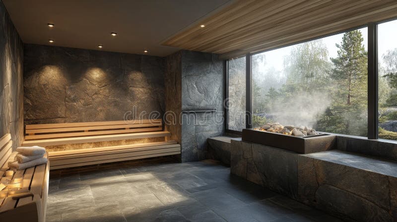 Modern Sauna with Stone Walls and a Window View of Trees Stock ...