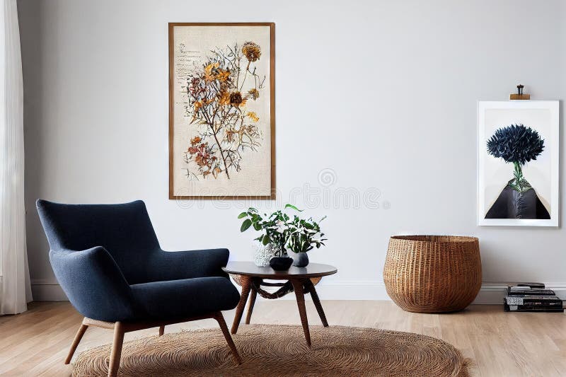 Modern Scandi Boho Living Room Interior with Wicker Baskets. Stock ...