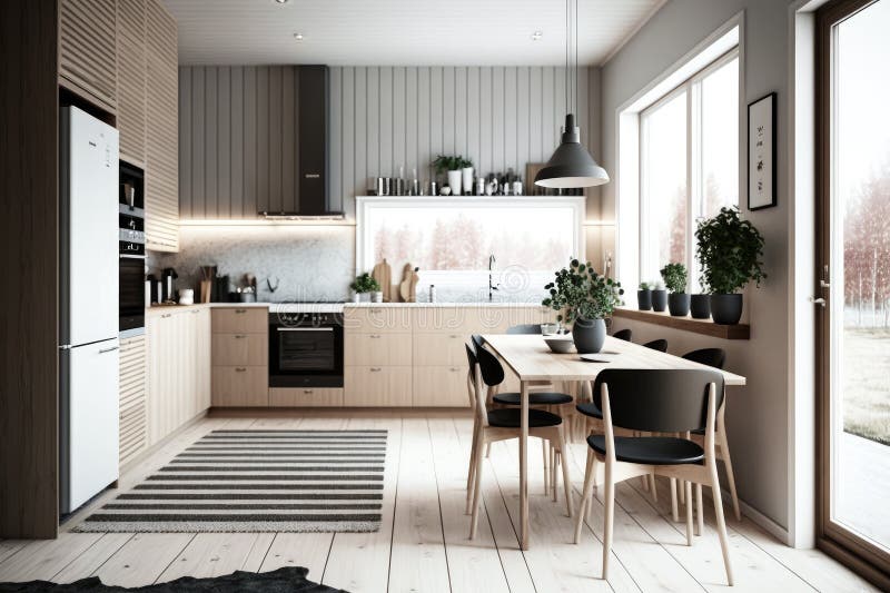 Modern Scandinavian Kitchen and Dining Room Generative AI Stock ...
