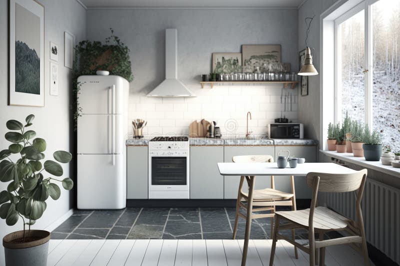 Modern Scandinavian Kitchen and Dining Room Generative AI Stock ...