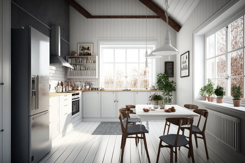 Modern Scandinavian Kitchen and Dining Room Generative AI Stock ...