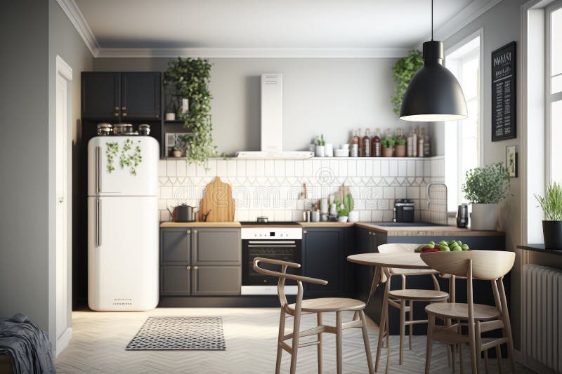 Modern Scandinavian Kitchen and Dining Room Generative AI Stock ...