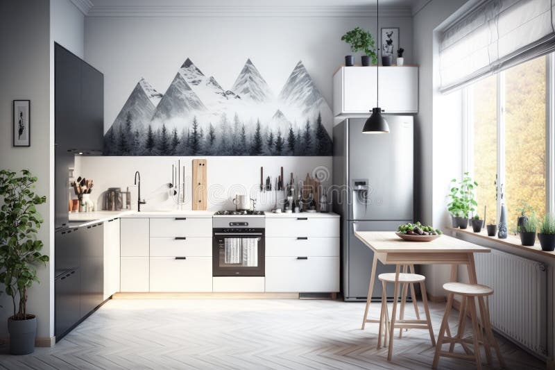 Modern Scandinavian Kitchen and Dining Room Generative AI Stock ...