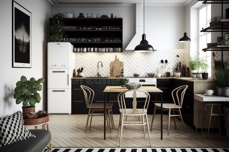 Modern Scandinavian Kitchen and Dining Room Generative AI Stock ...