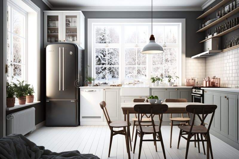 Modern Scandinavian Kitchen and Dining Room Generative AI Stock ...