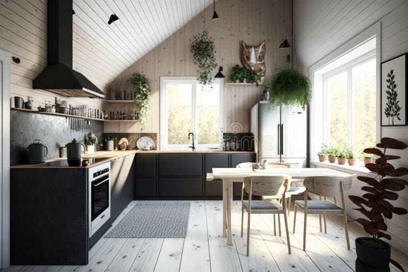 Modern Scandinavian Kitchen and Dining Room Generative AI Stock ...