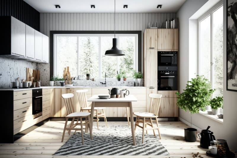 Modern Scandinavian Kitchen and Dining Room Generative AI Stock ...
