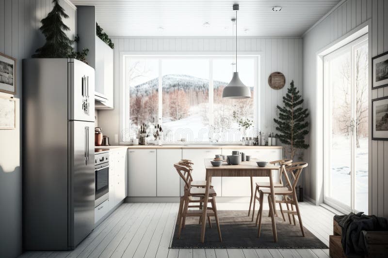 Modern Scandinavian Kitchen and Dining Room Generative AI Stock ...