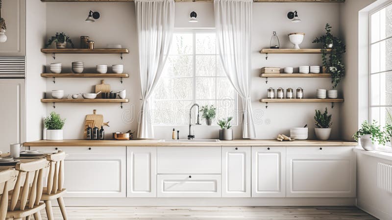 Modern Scandinavian Kitchen Interior with Natural Light and Greenery ...