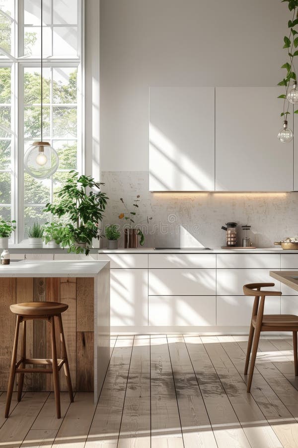 Modern Scandinavian Kitchen with Large Windows and Natural Light Stock ...