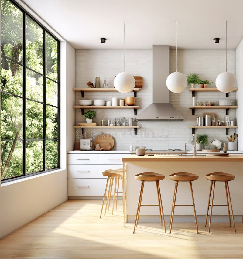 Modern Scandinavian Style Interior Design of Kitchen with Island and ...