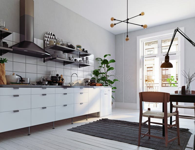 Modern Scandinavian Style Kitchen Interior. Stock Illustration ...