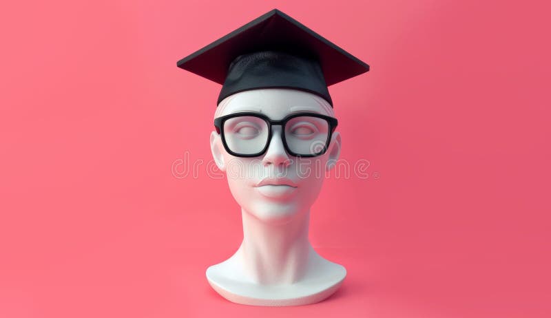 Modern Scholar Concept: Abstract Clay Head with Graduation Cap on Pink ...